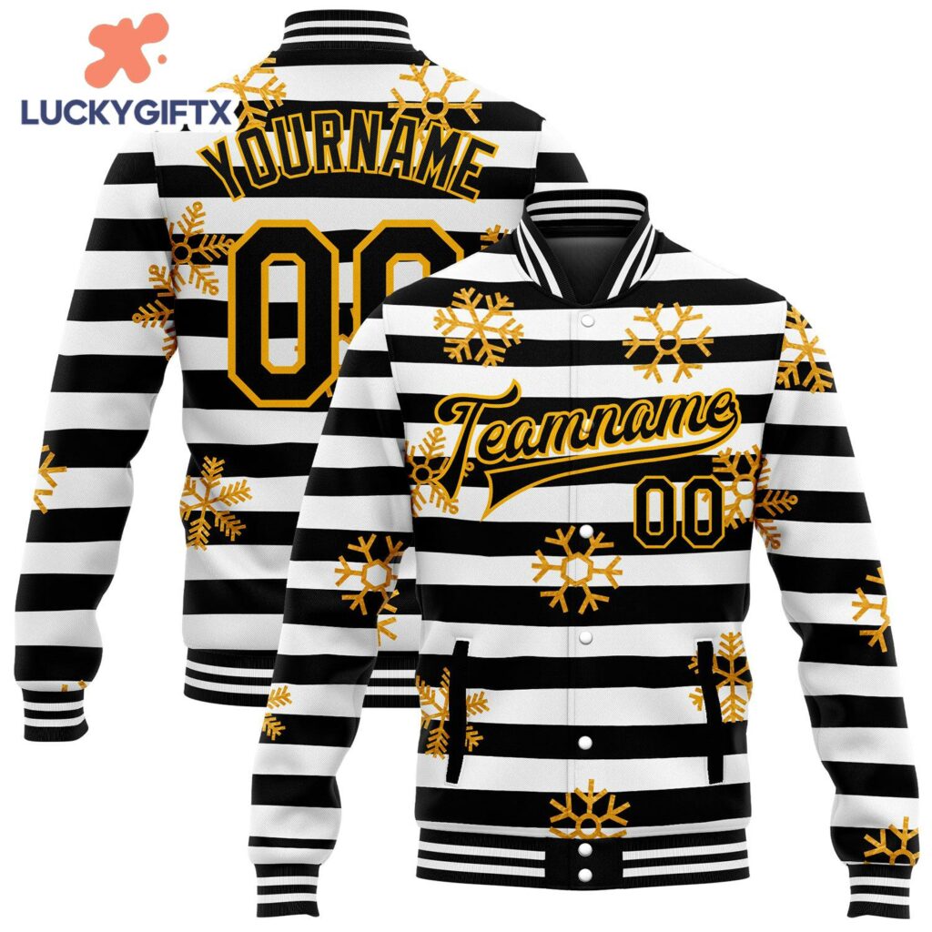 Custom Black Gold-White Christmas Gold Snowflakes 3D Bomber Full-Snap ...