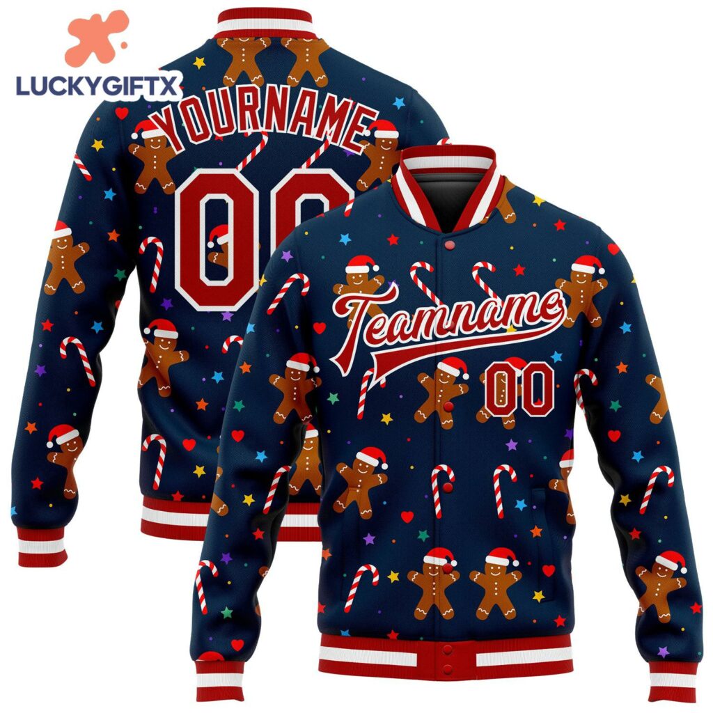 Custom Navy Red-White Christmas 3D Bomber Full-Snap Varsity Letterman ...